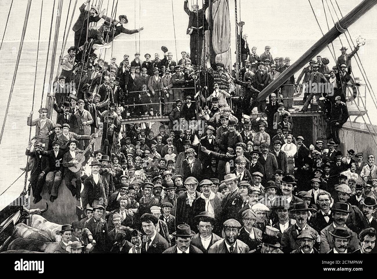 Boarding of Spanish volunteers on the steamboat San Francisco to go to ...