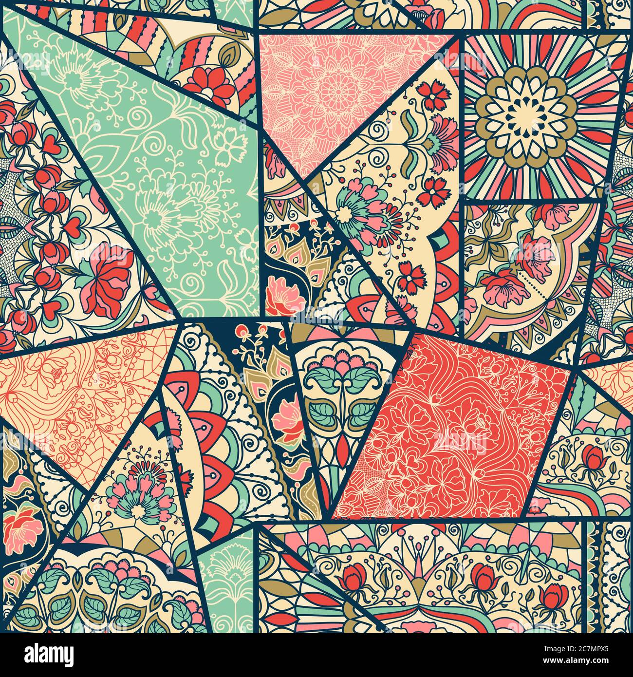 Seamless abstract colorful patchwork pattern with stripes and floral ...