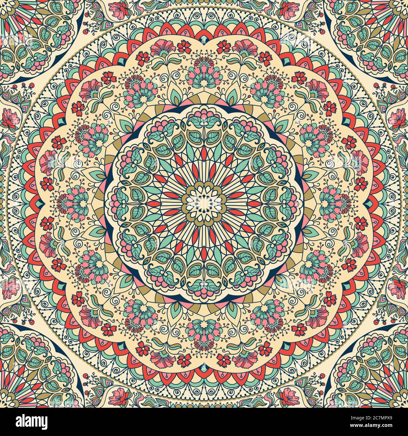 Colorful Floral hand drawn Mandala. Circle ornament in retro colors ...