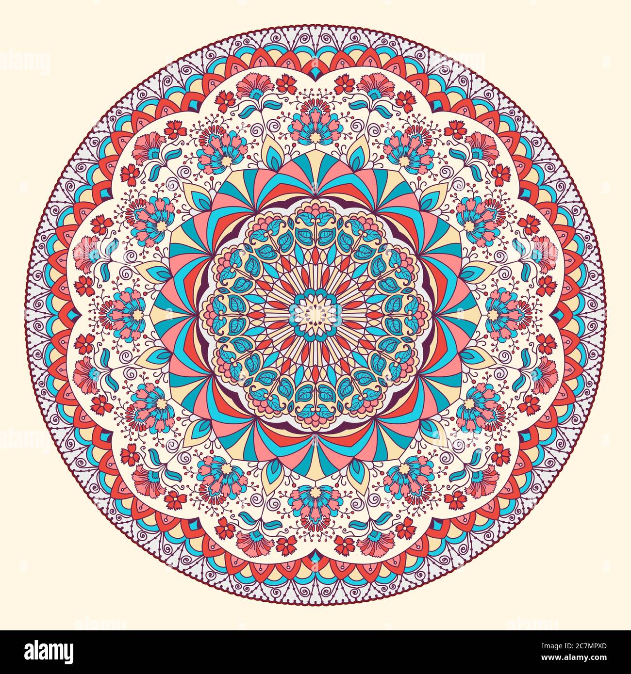 Colorful Floral hand drawn Mandala. Circle ornament in retro colors ...