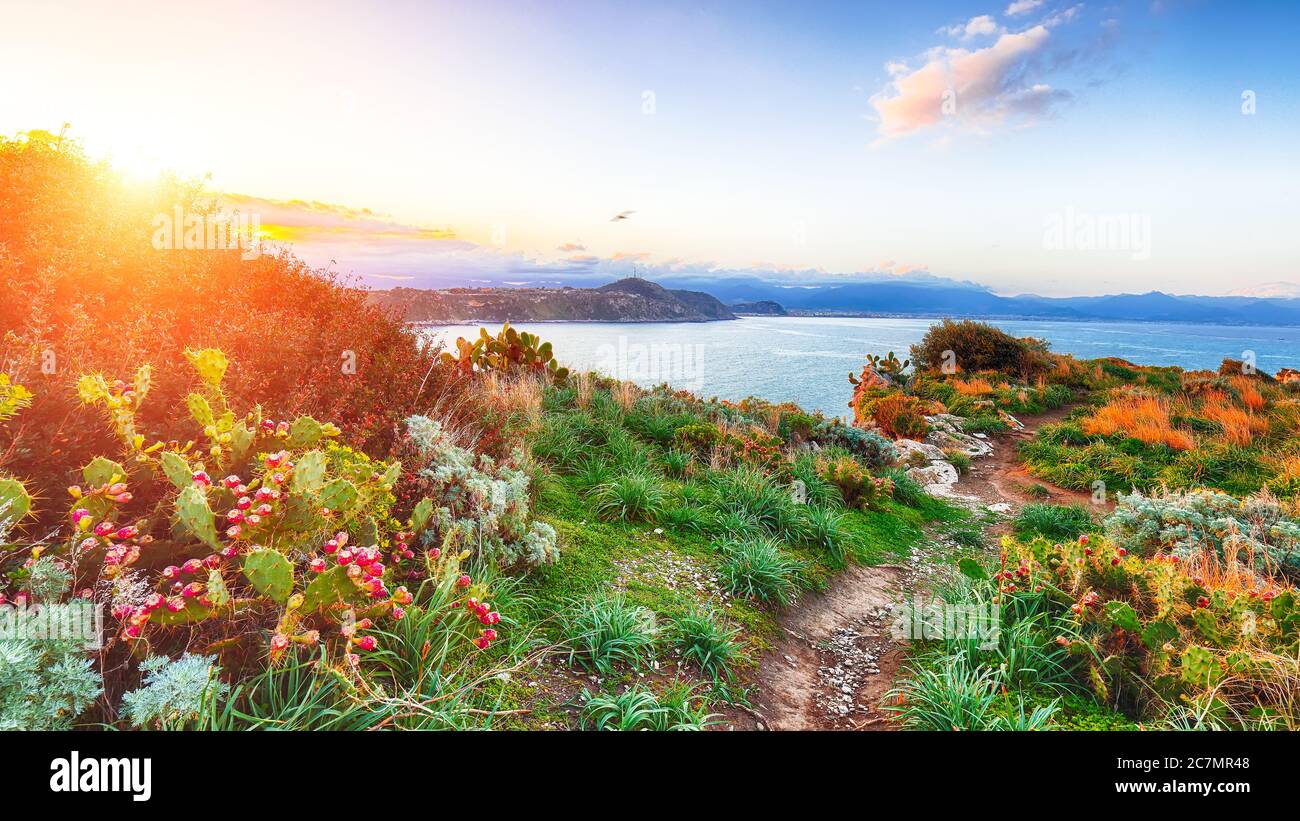 Dramatic spring sunset on the the cape Milazzo panorama of nature ...