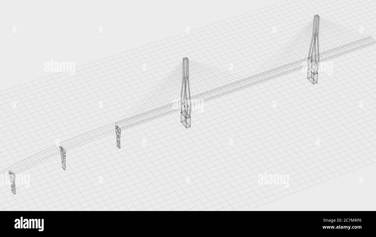 Sketch lines of suspension bridge, 3d rendering. Computer digital ...