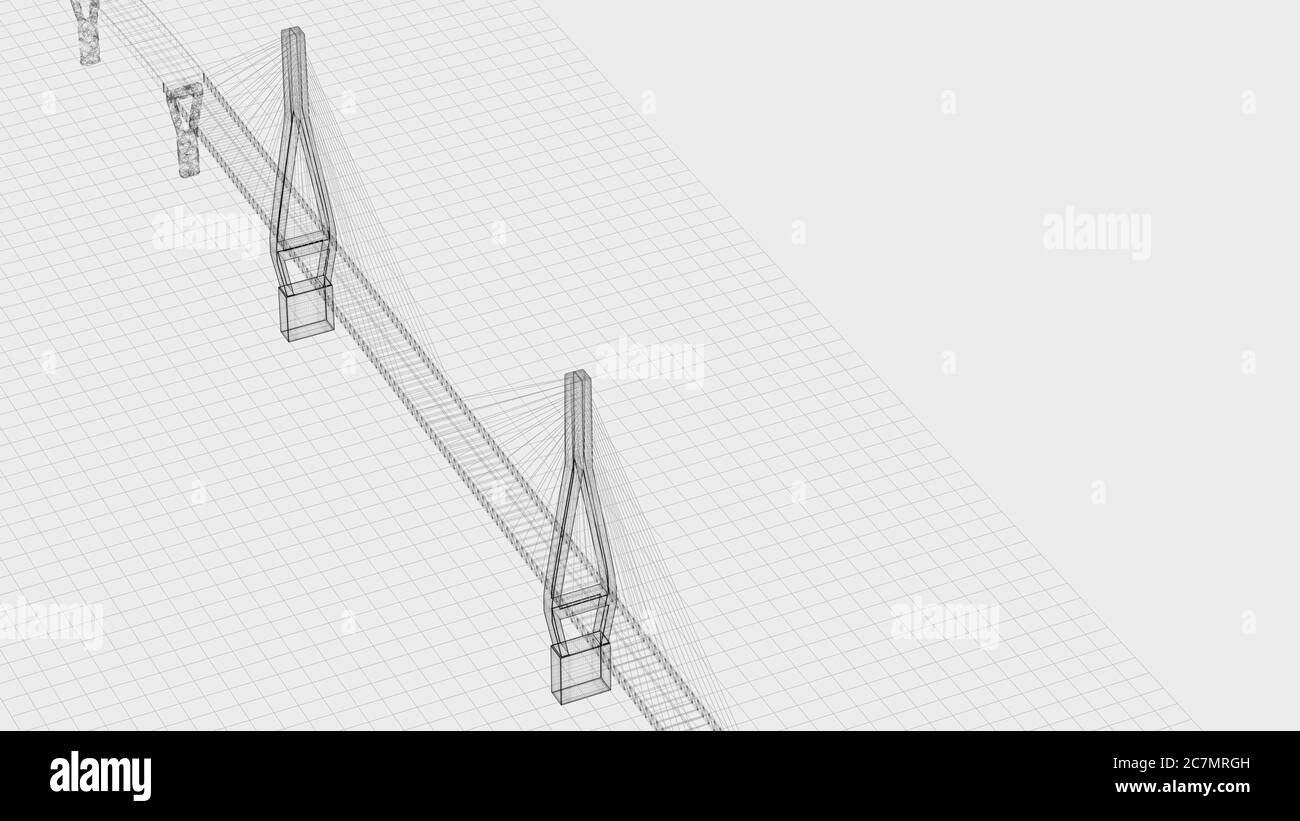 Sketch lines of suspension bridge, 3d rendering. Computer digital ...