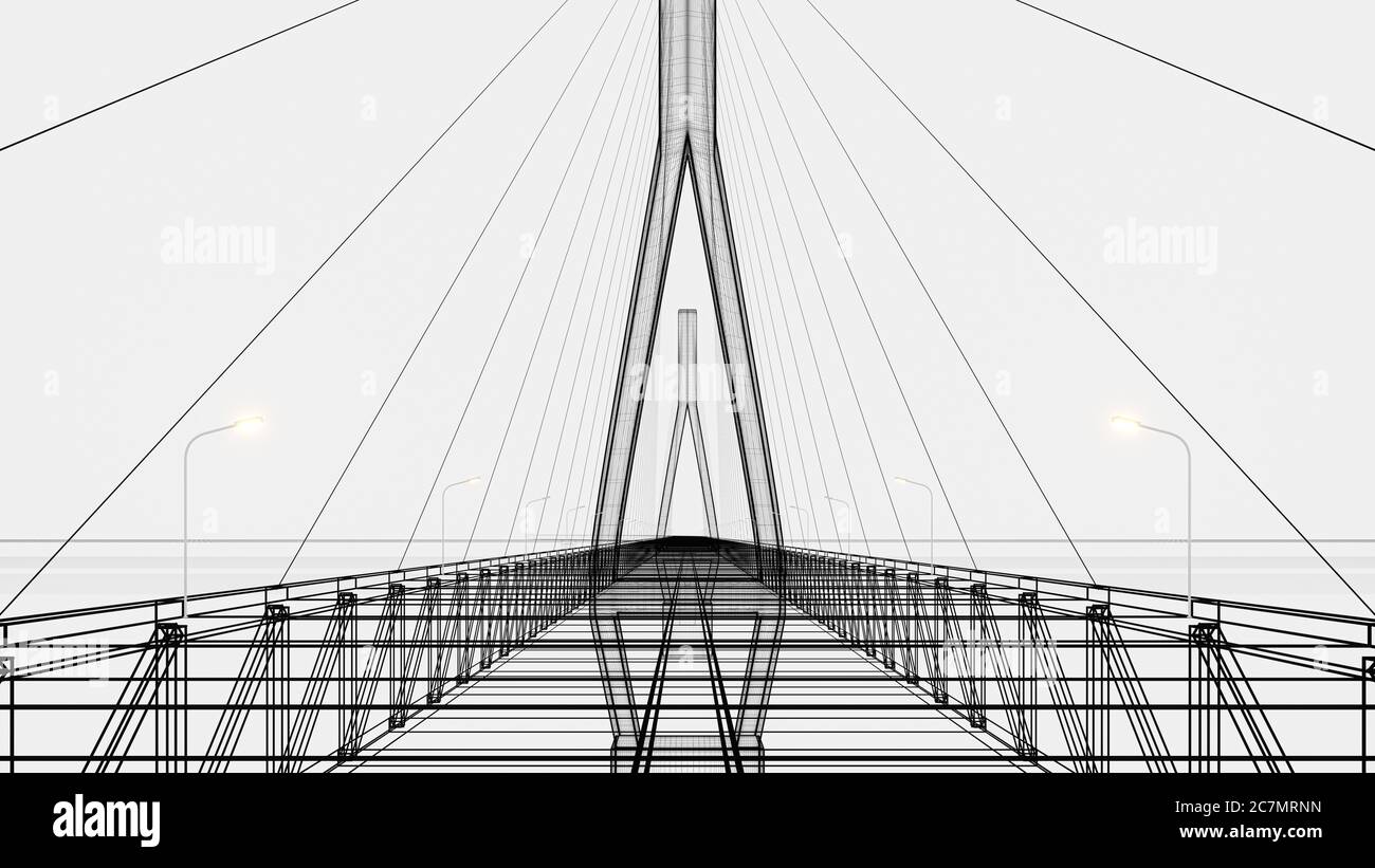 Sketch lines of suspension bridge, 3d rendering. Computer digital ...