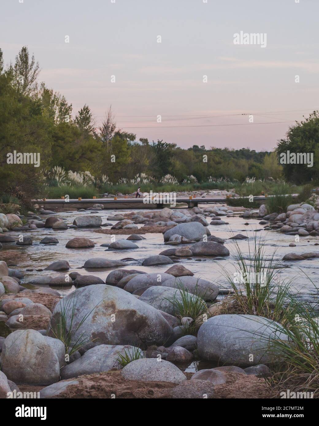 River full of rocks and a bridge on top with trees on both sides ...