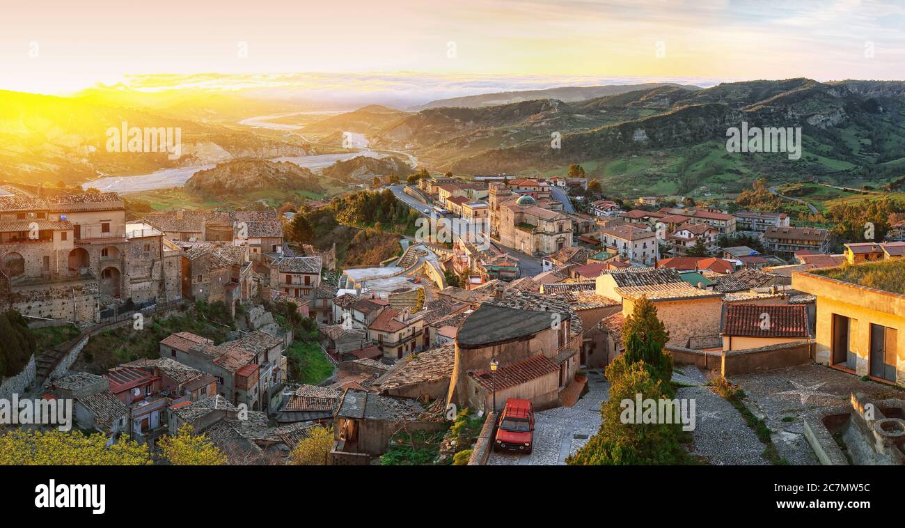 Sunrise over old famous medieval village Stilo in Calabria. View on ...