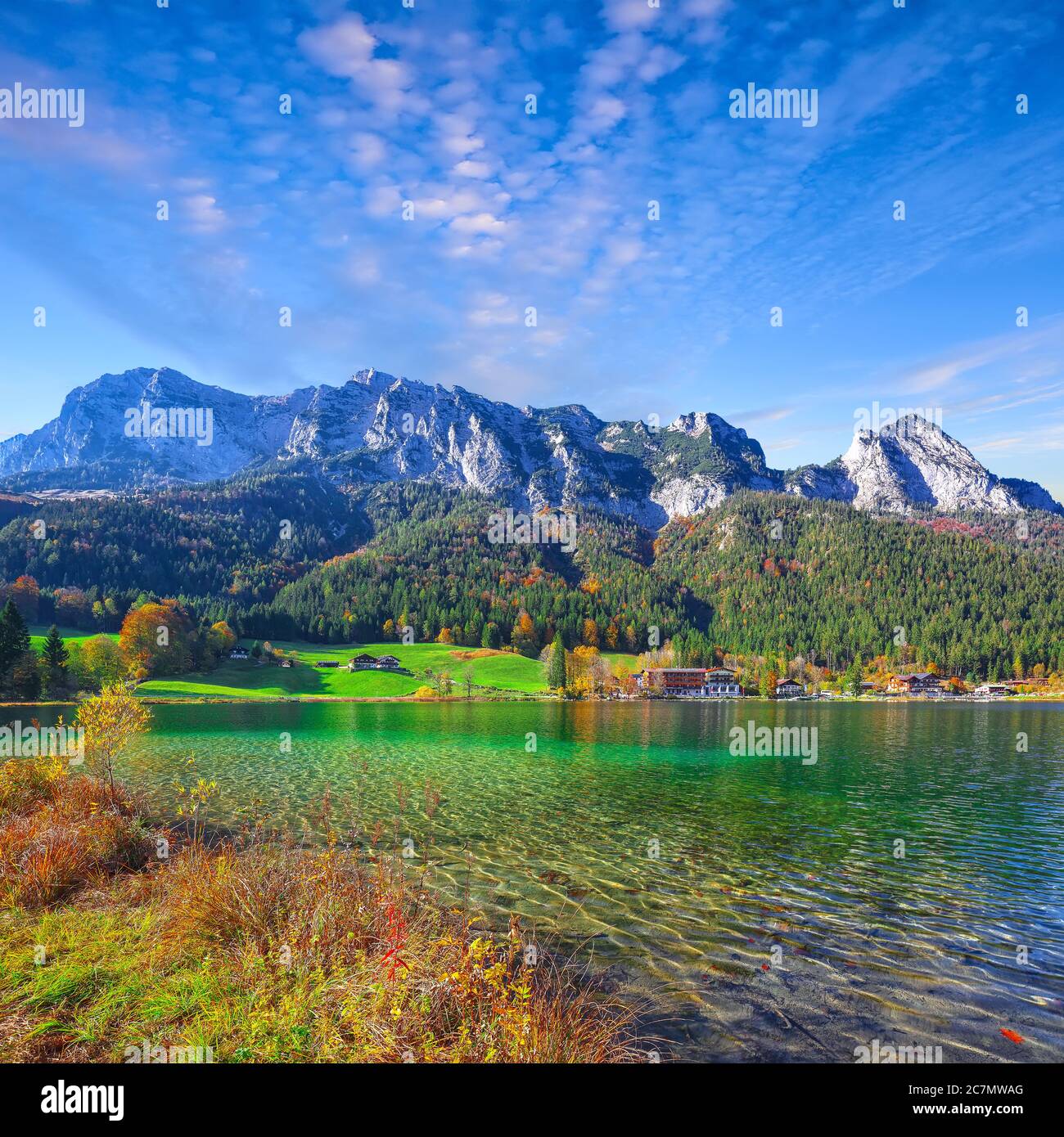 Fantastic autumn sunset of Hintersee lake. Beautiful scene of trees ...