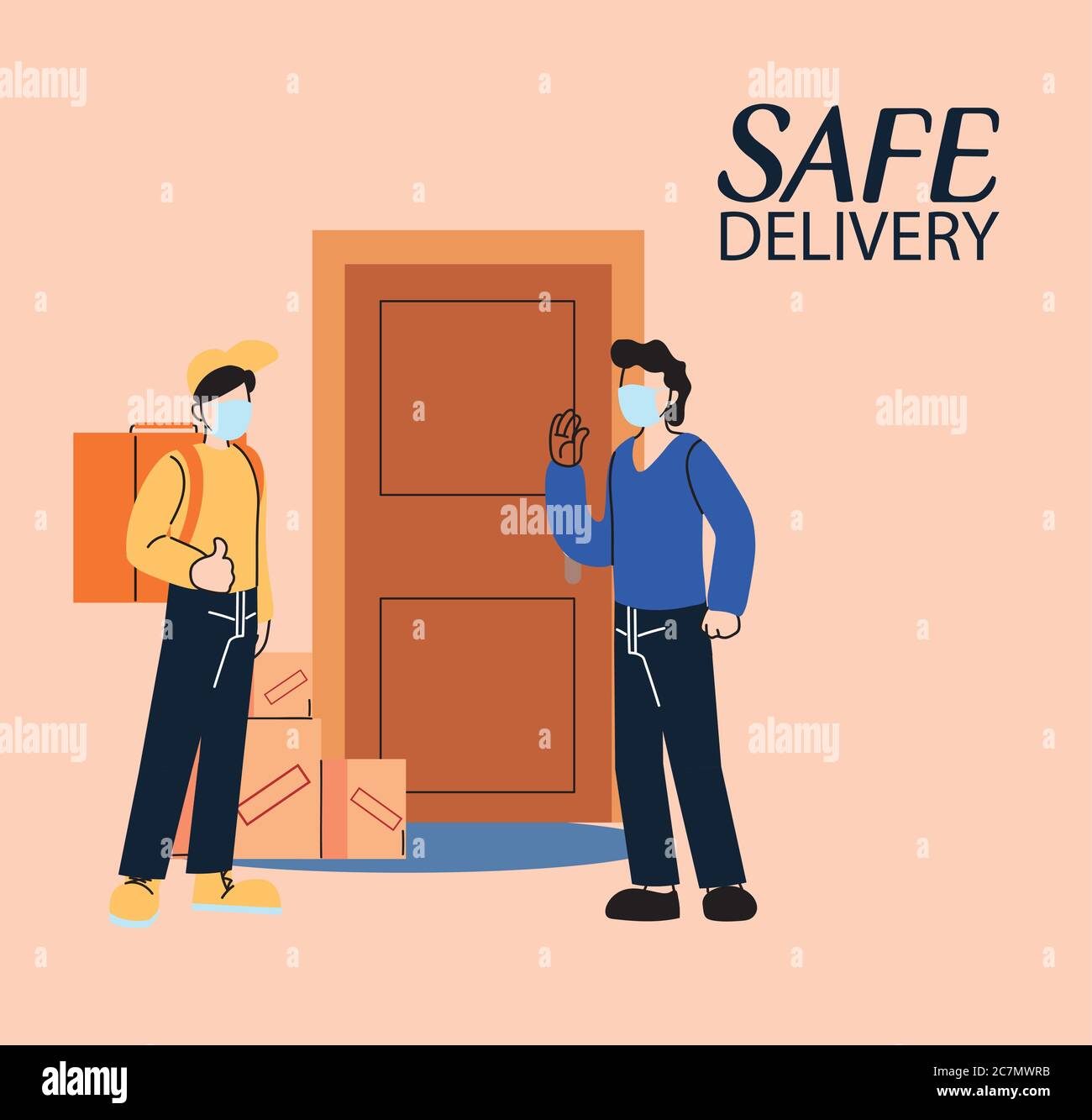 men with masks delivering and receiving secure package vector ...