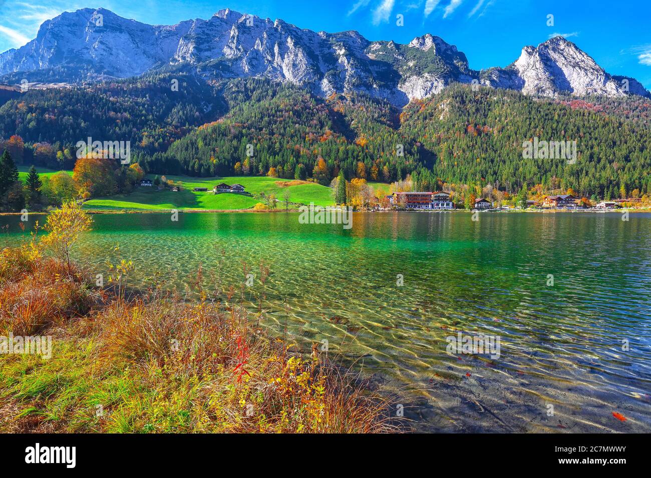 Fantastic autumn sunset of Hintersee lake. Beautiful scene of trees ...