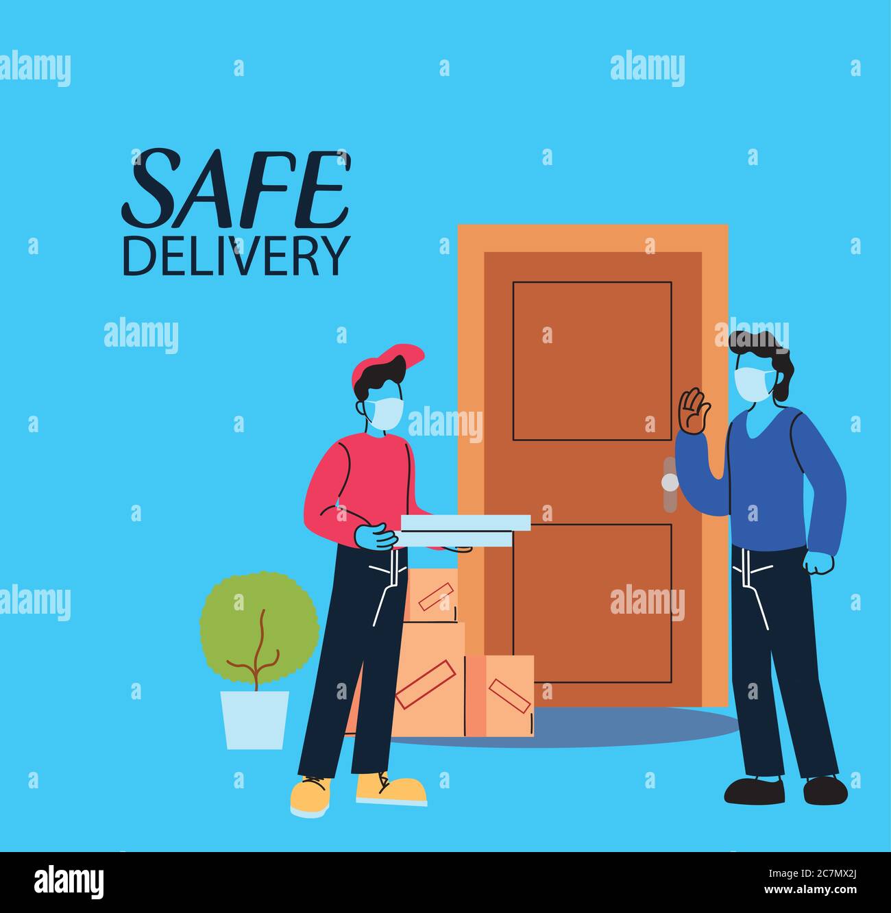 men with masks delivering and receiving secure package vector ...