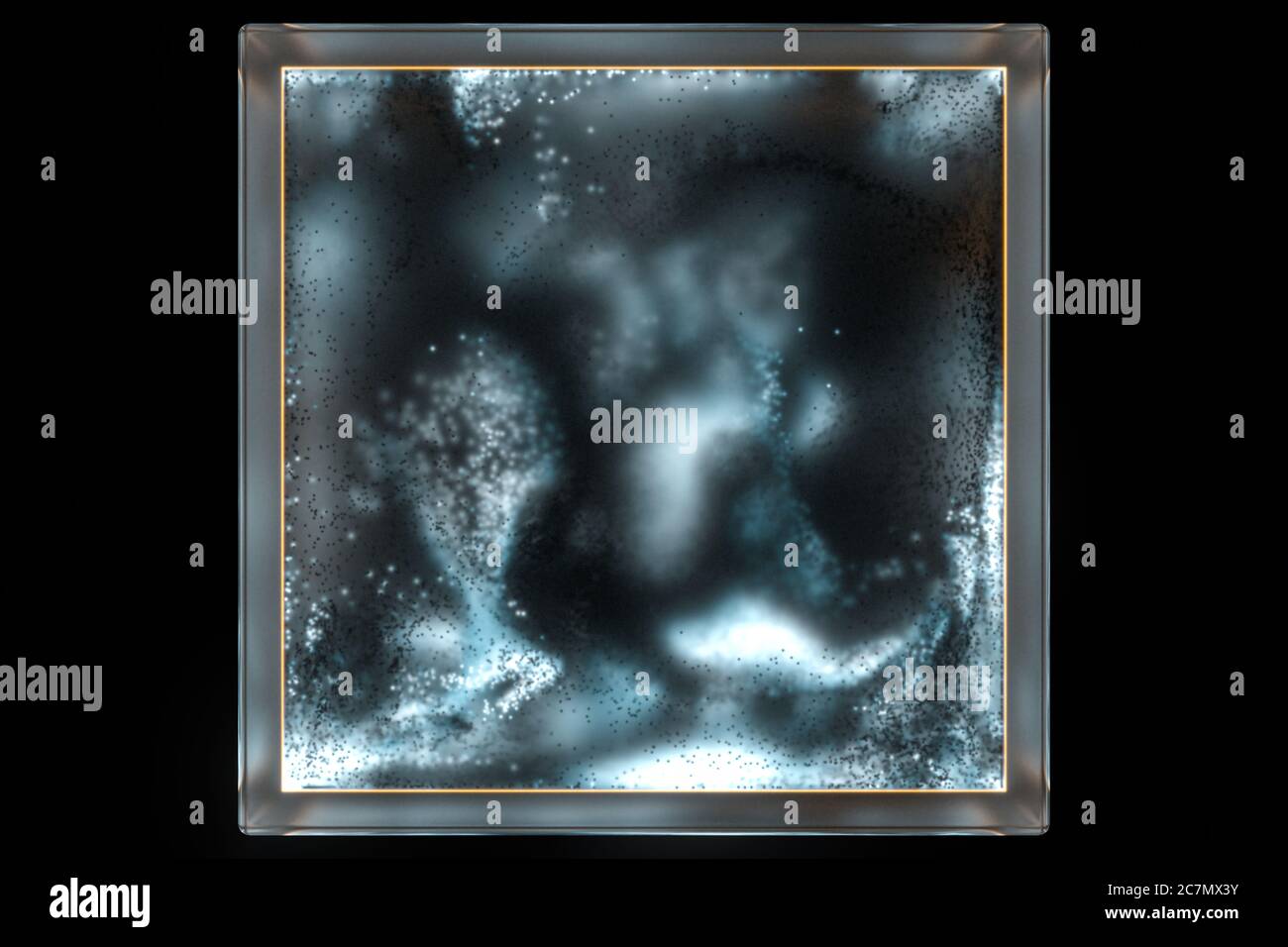 Frosted glass cube with glowing particles inside, 3d rendering ...