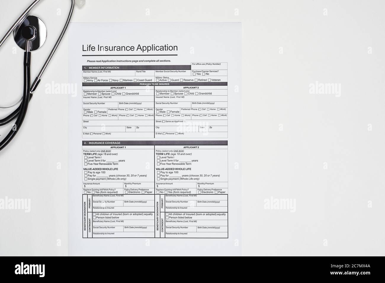Blank life insurance application and a stethoscope Stock Photo - Alamy