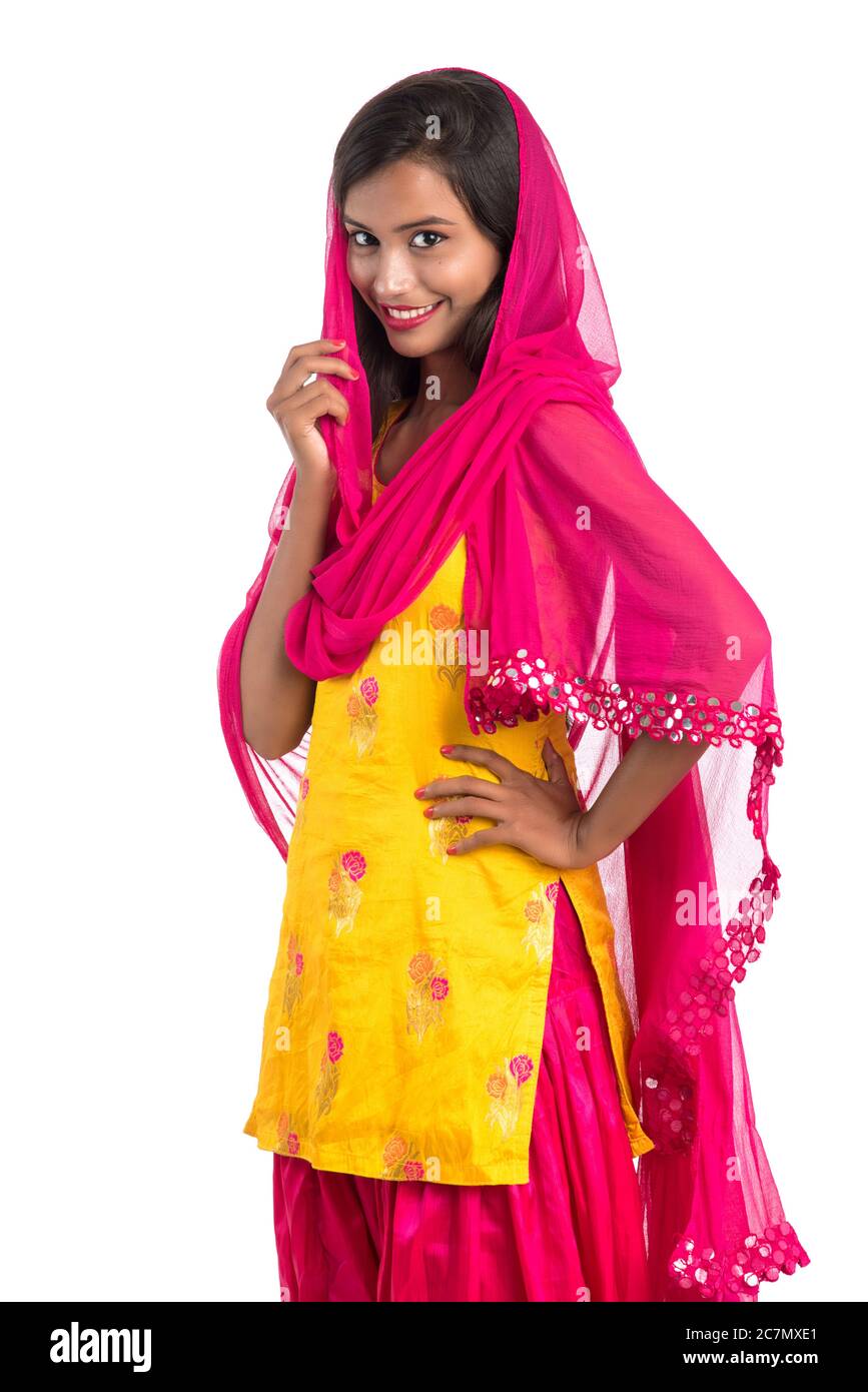 Beautiful Indian traditional girl posing on white background Stock ...