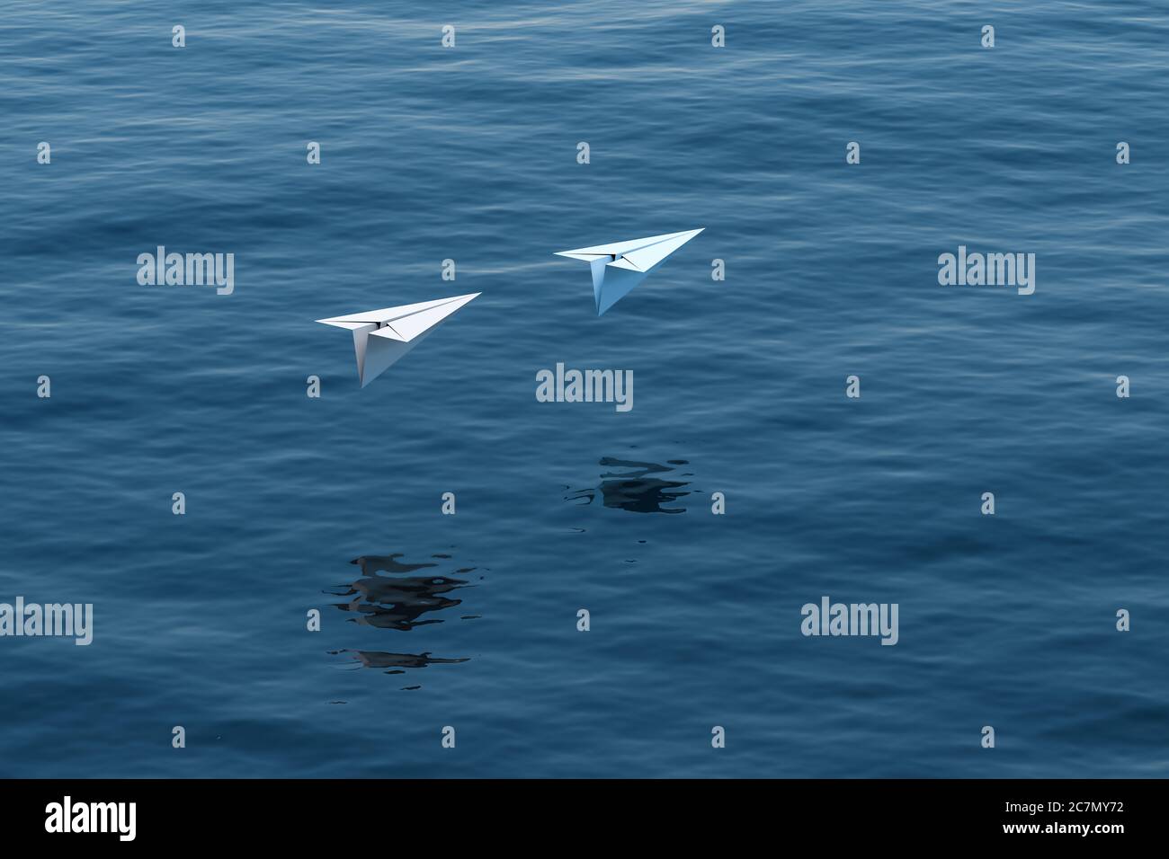 Two paper plane fly over the lake, 3d rendering. Computer digital ...