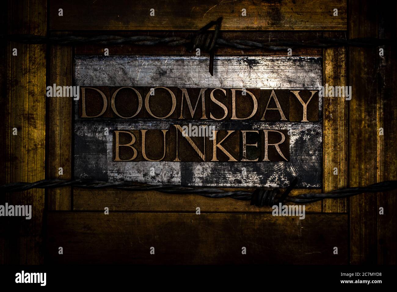 Doomsday Bunker text formed with real authentic typeset letters on ...