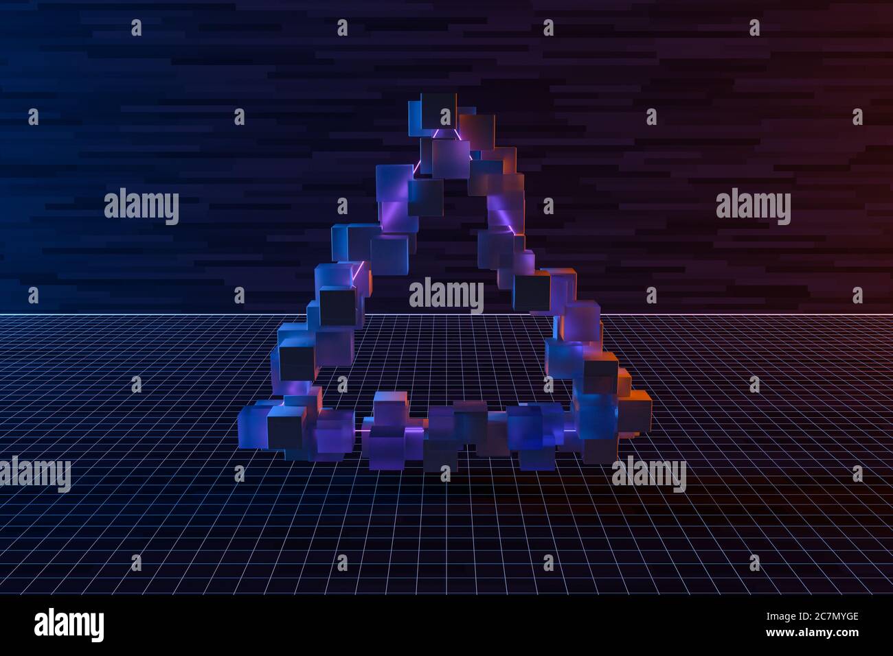 Purple neon triangle laser line with dark background, 3d rendering ...