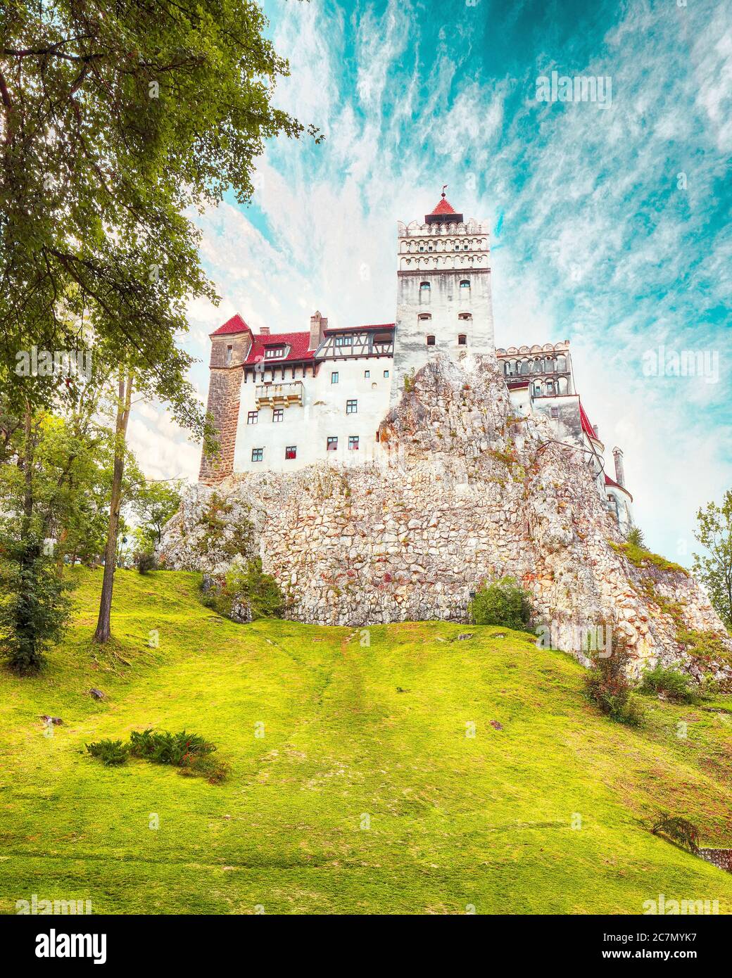 Landscape with medieval Bran castle known for the myth of Dracula. Bran ...