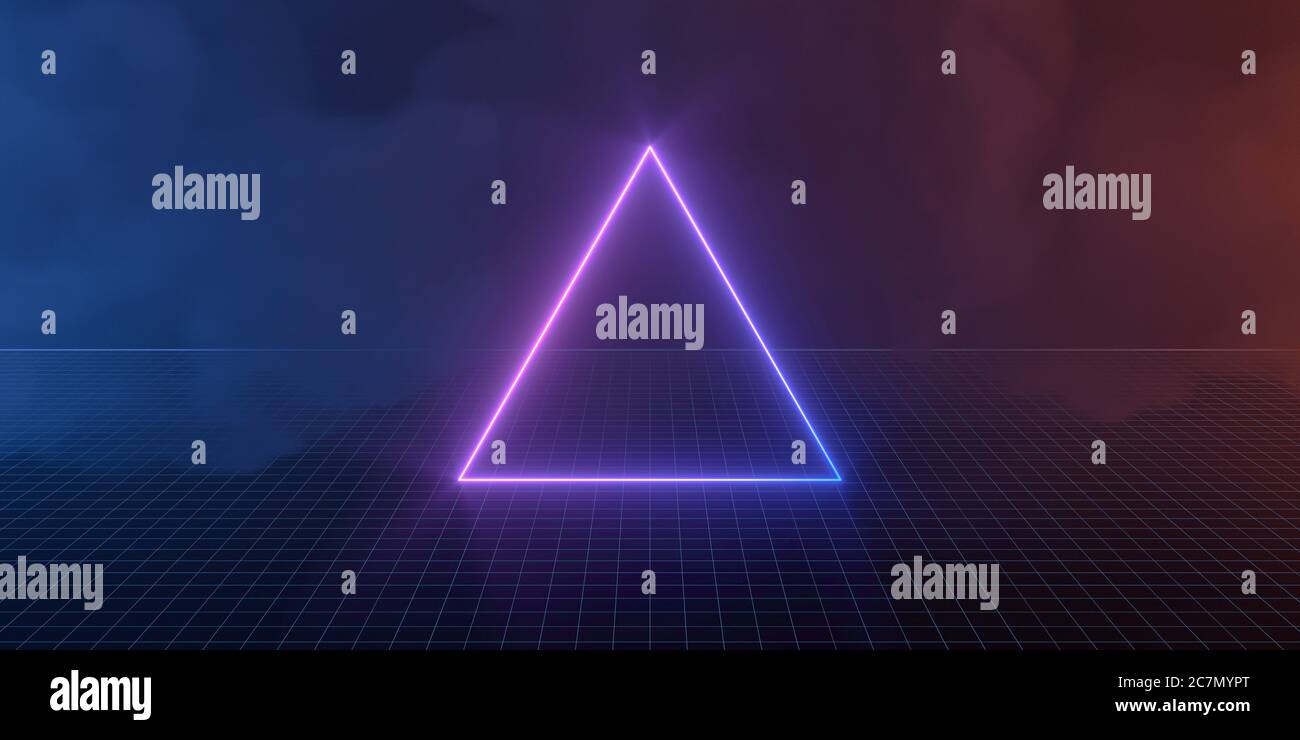 Purple neon triangle laser line with dark background, 3d rendering ...