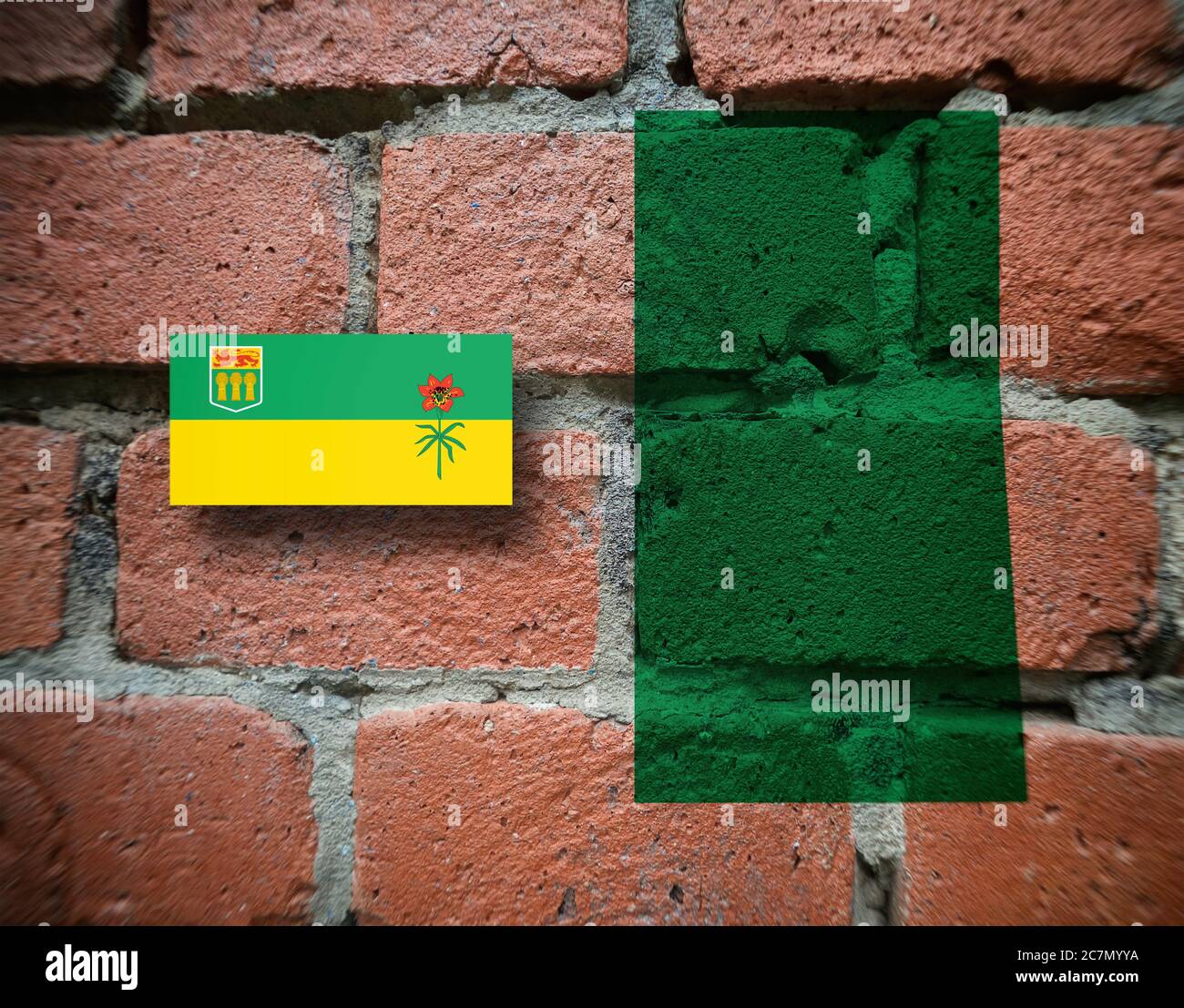Map and flag of Saskatchewan, province of Canada, brick background, 3D ...