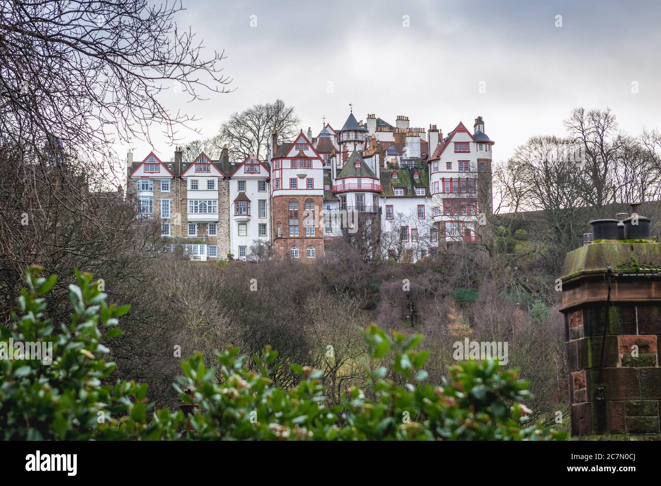 Tenement houses seen from Princes Street Gardens public park in ...