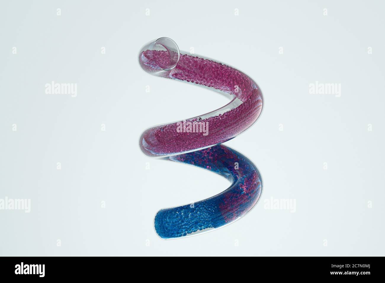 Mixing of particles in the glass spring tube, 3d rendering. Computer ...