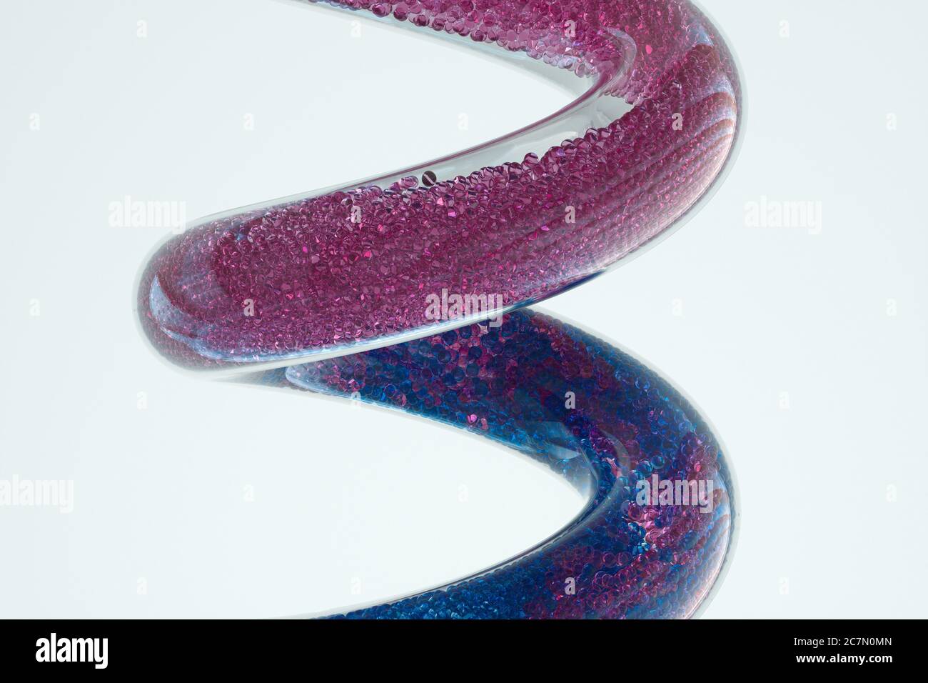 Mixing of particles in the glass spring tube, 3d rendering. Computer ...