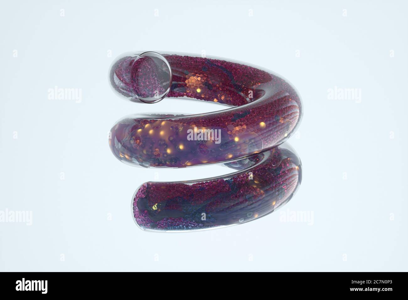 Mixing of particles in the glass spring tube, 3d rendering. Computer ...