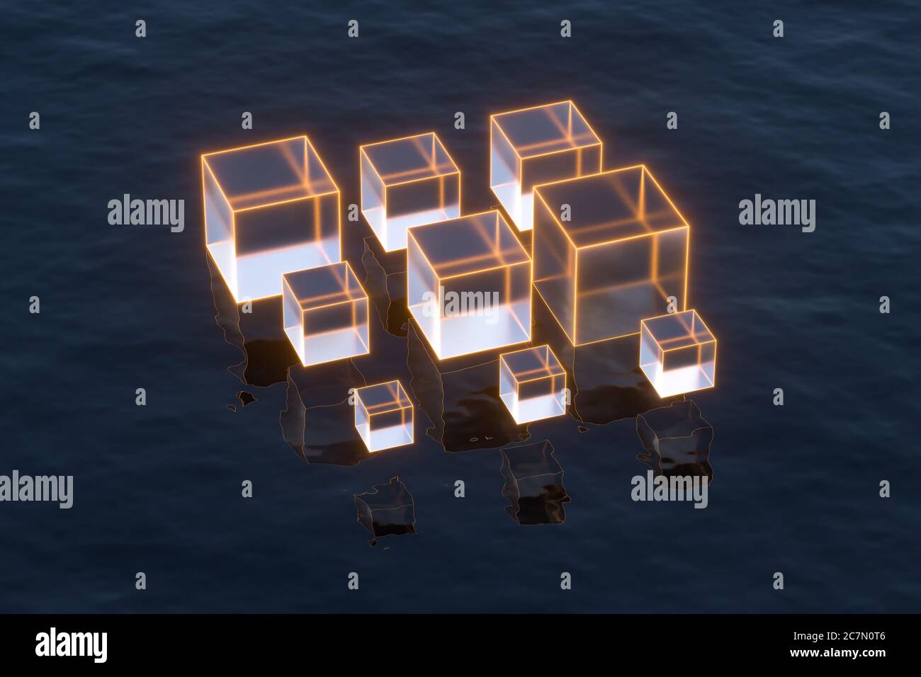 Floating transparent cubes over the ocean, 3d rendering. Computer ...