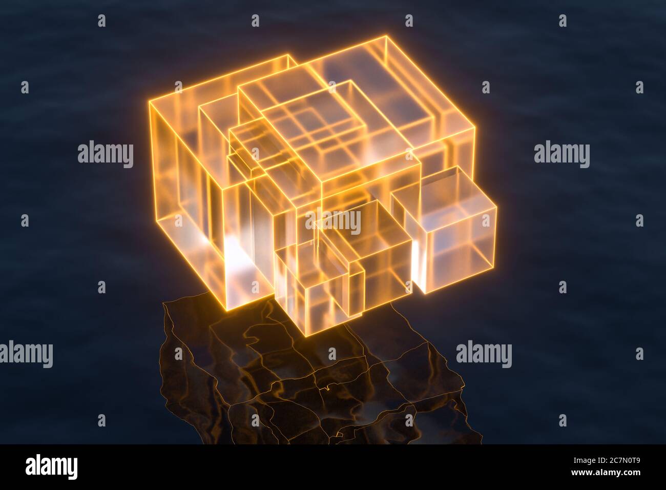 Floating transparent cubes over the ocean, 3d rendering. Computer ...