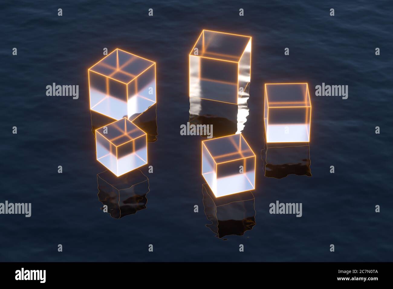 Floating transparent cubes over the ocean, 3d rendering. Computer ...