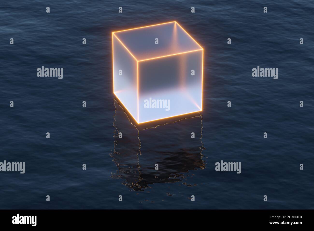 Floating transparent cubes over the ocean, 3d rendering. Computer ...