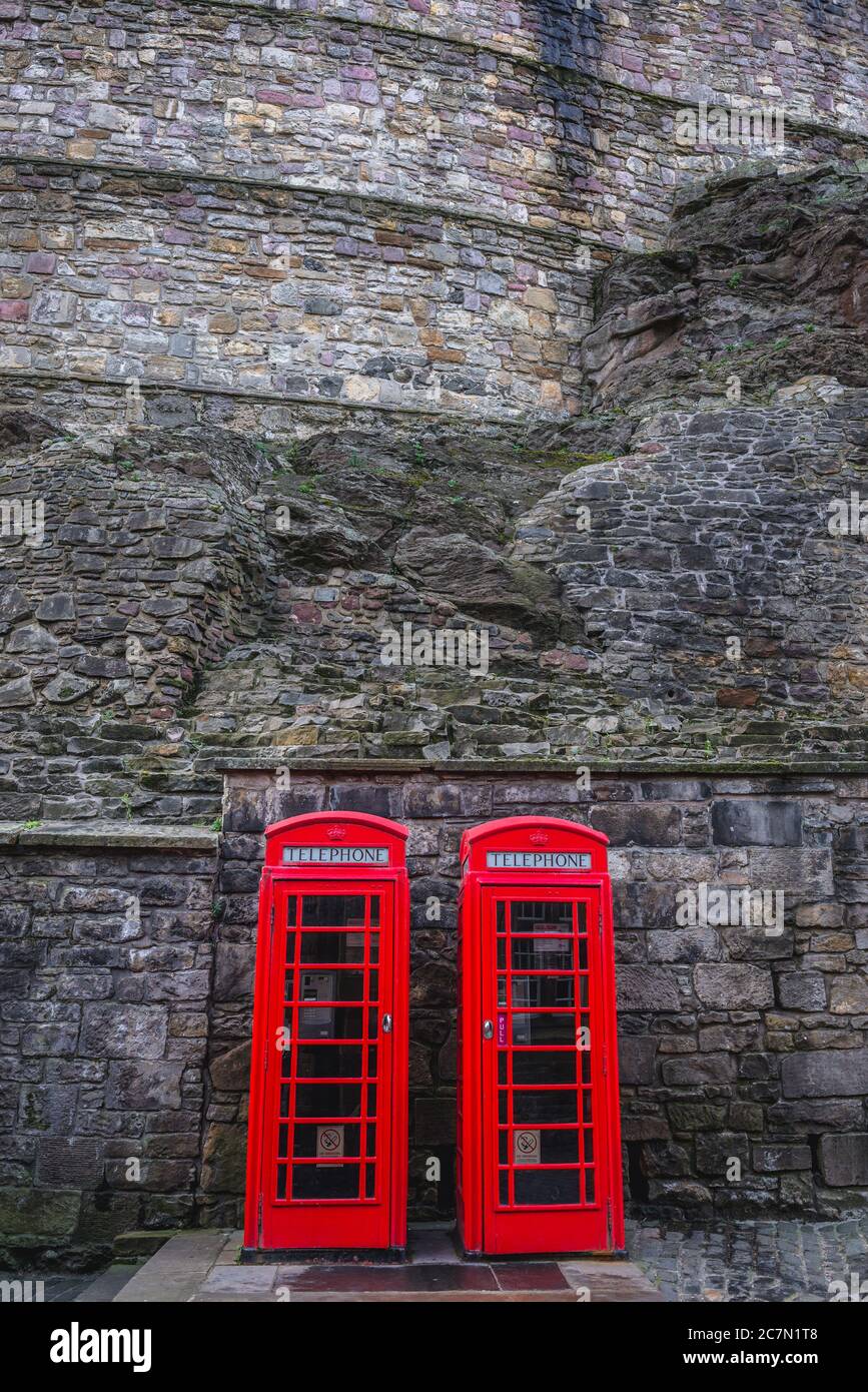 Telephone booths in area of castle in Edinburgh, the capital of ...