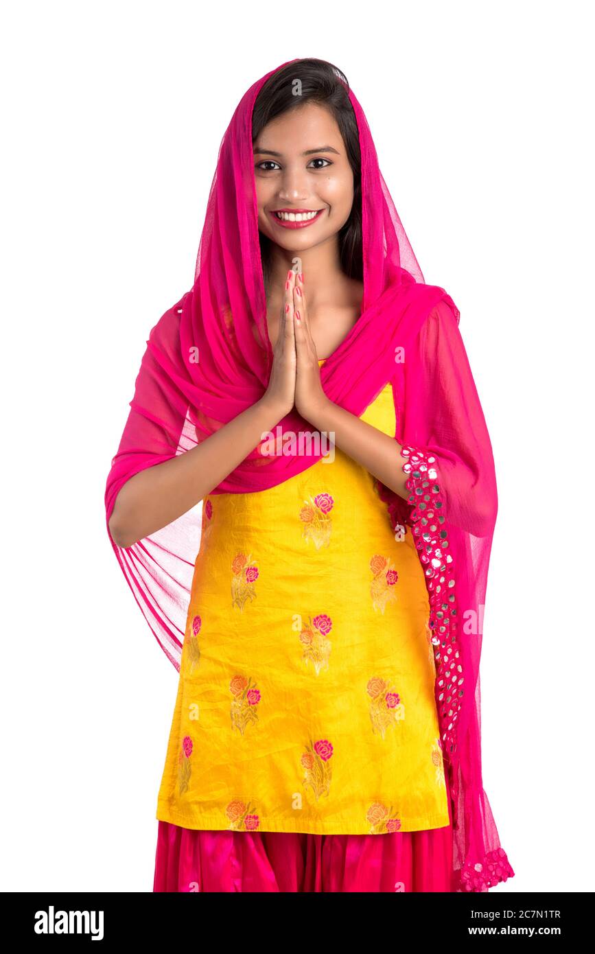 Beautiful Indian girl with welcome expression (inviting), greeting ...