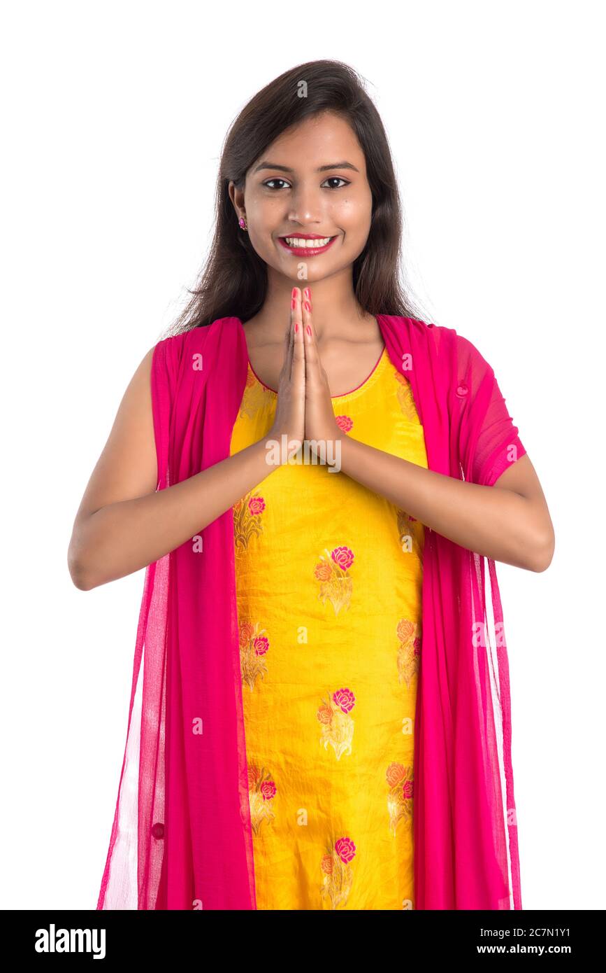 Beautiful Indian girl with welcome expression (inviting), greeting ...