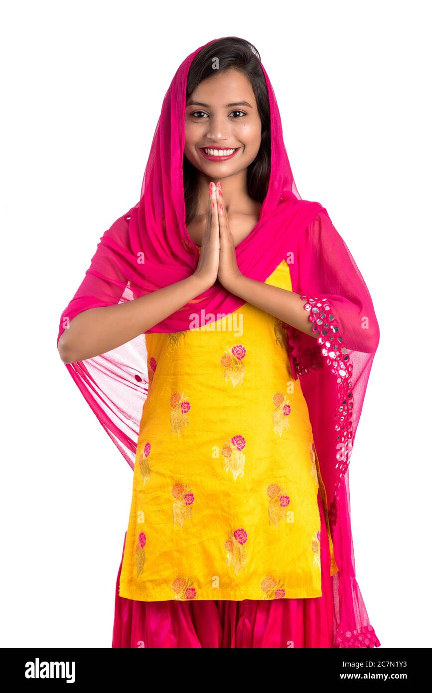Beautiful Indian girl with welcome expression (inviting), greeting ...