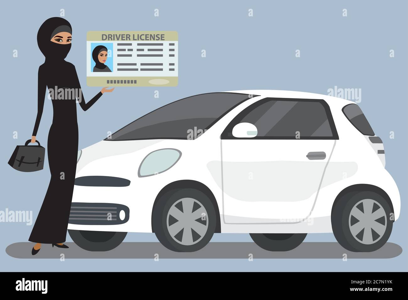 Arabic woman with Driving license and modern white car,flat vector ...