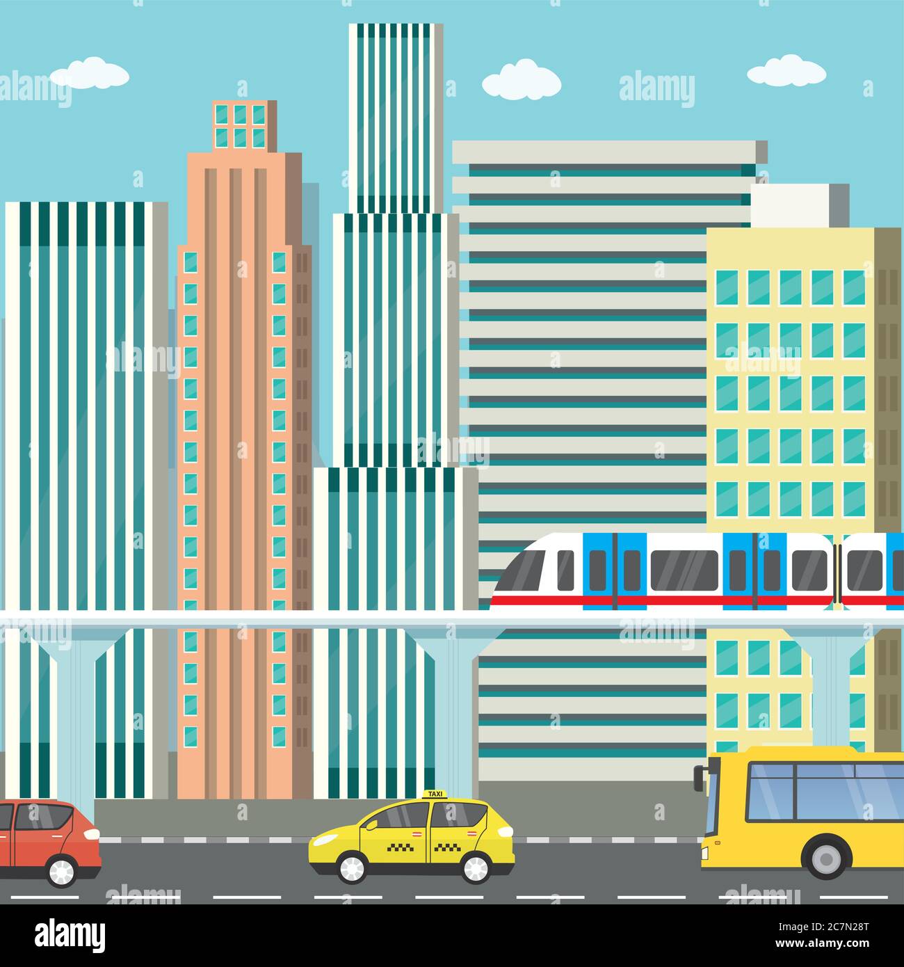 City view and different transport - cars,bus,subway.Flat vector ...