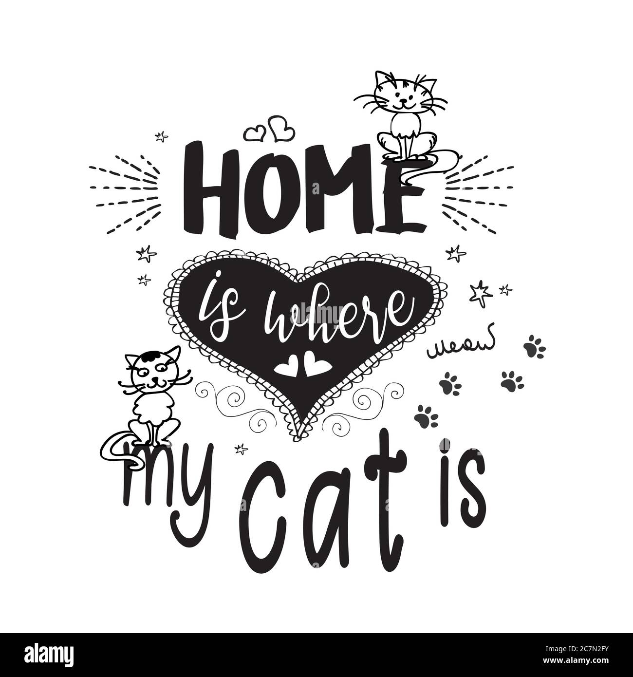 Funny banner with cat and lettering,hand drawn vector illustration ...