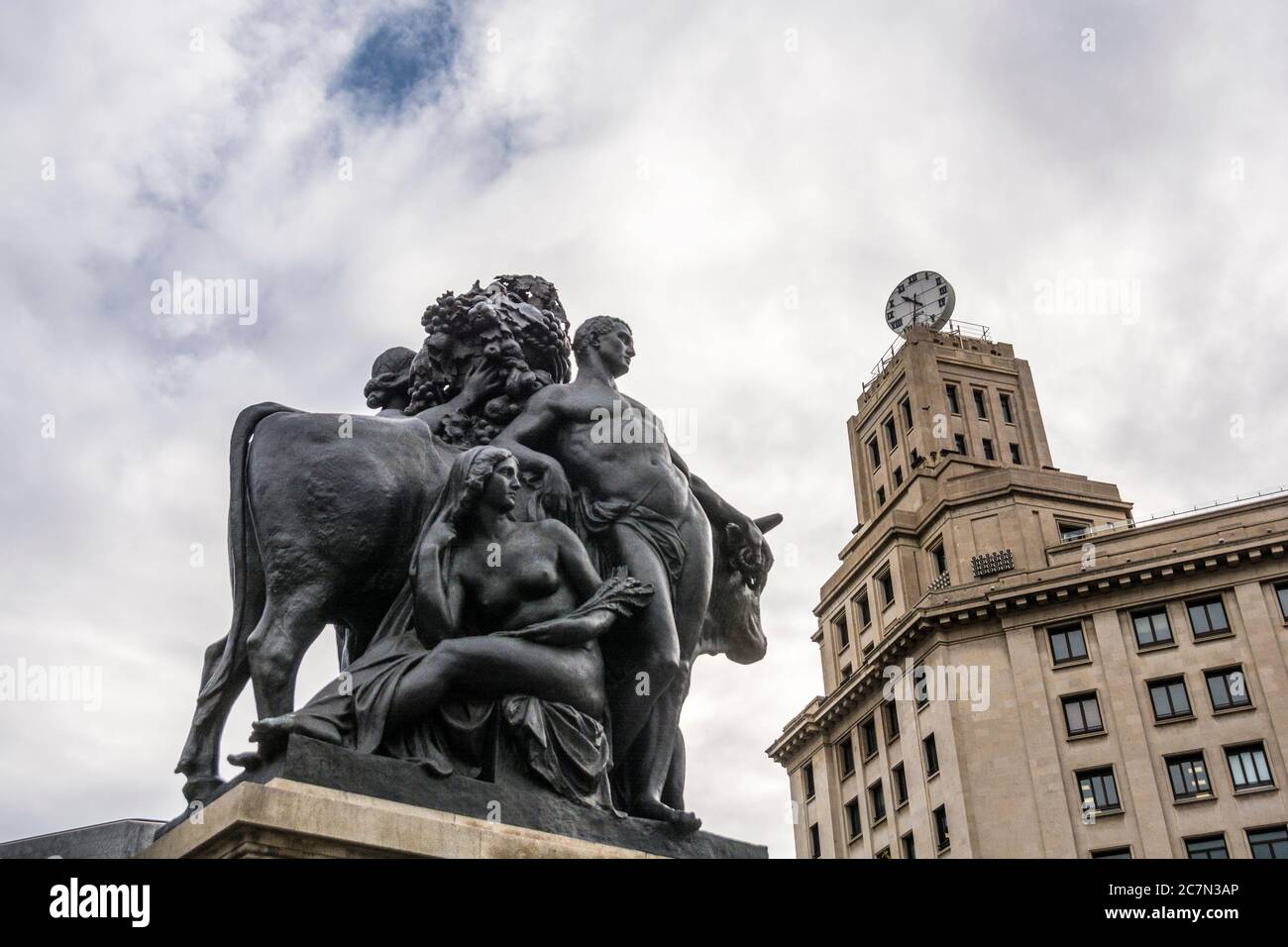 Statues, buildings and fauna dot the landscape of the Cataluna Plaza in ...