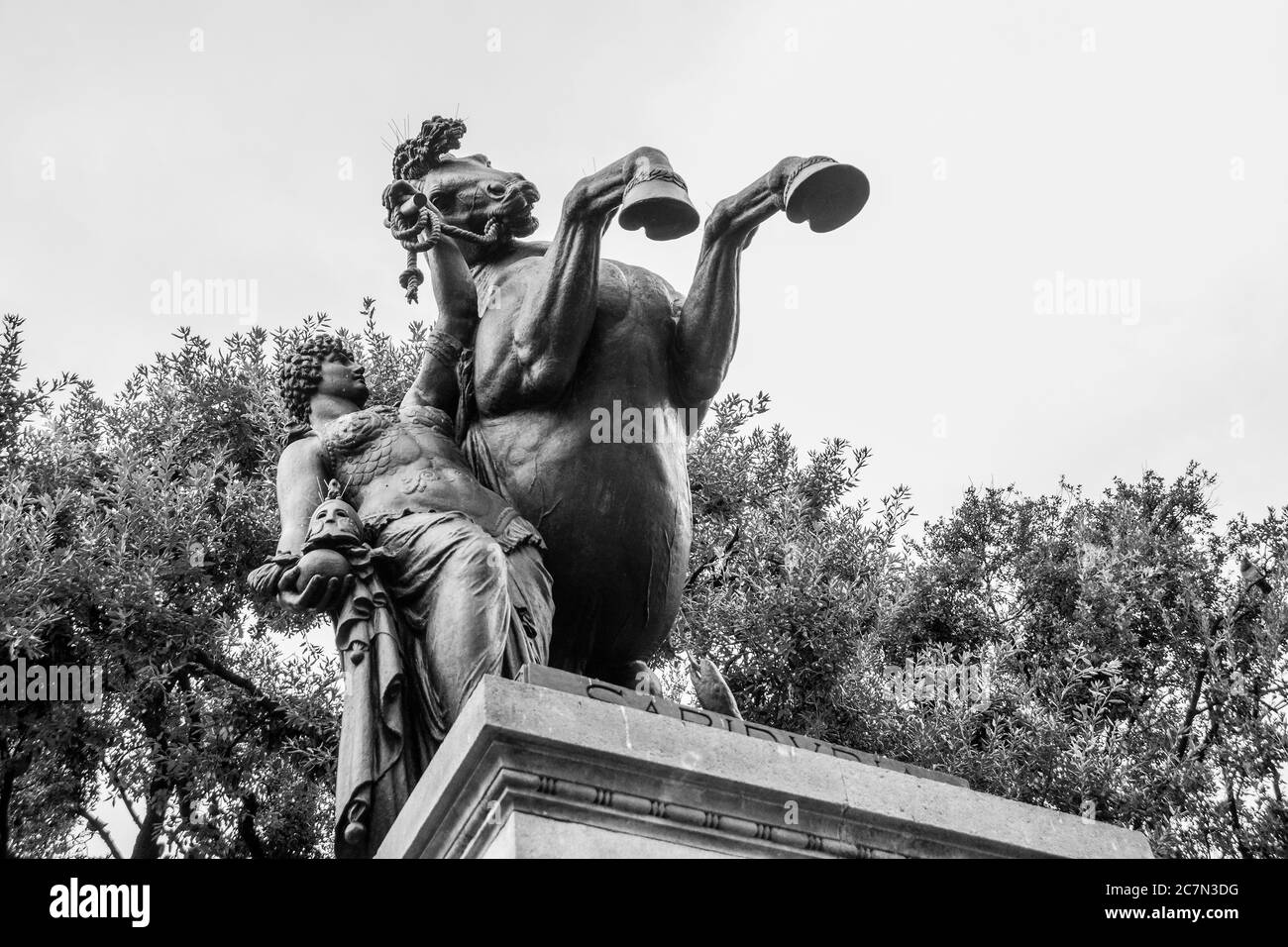 Statues, buildings and fauna dot the landscape of the Cataluna Plaza in ...
