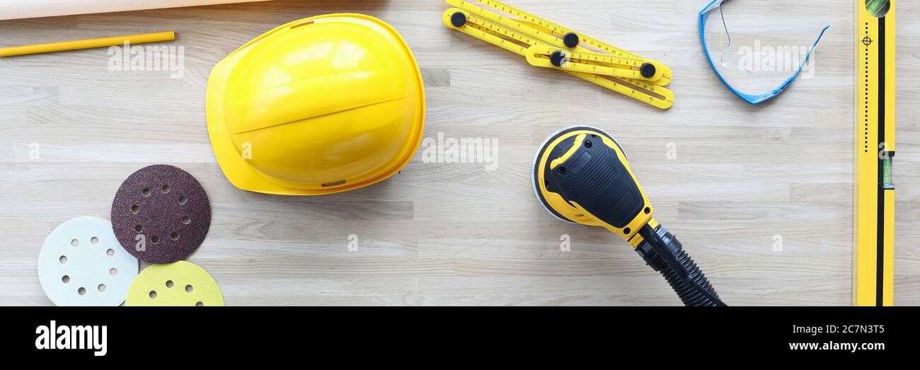 Carpenter work tools on desk Stock Photo - Alamy