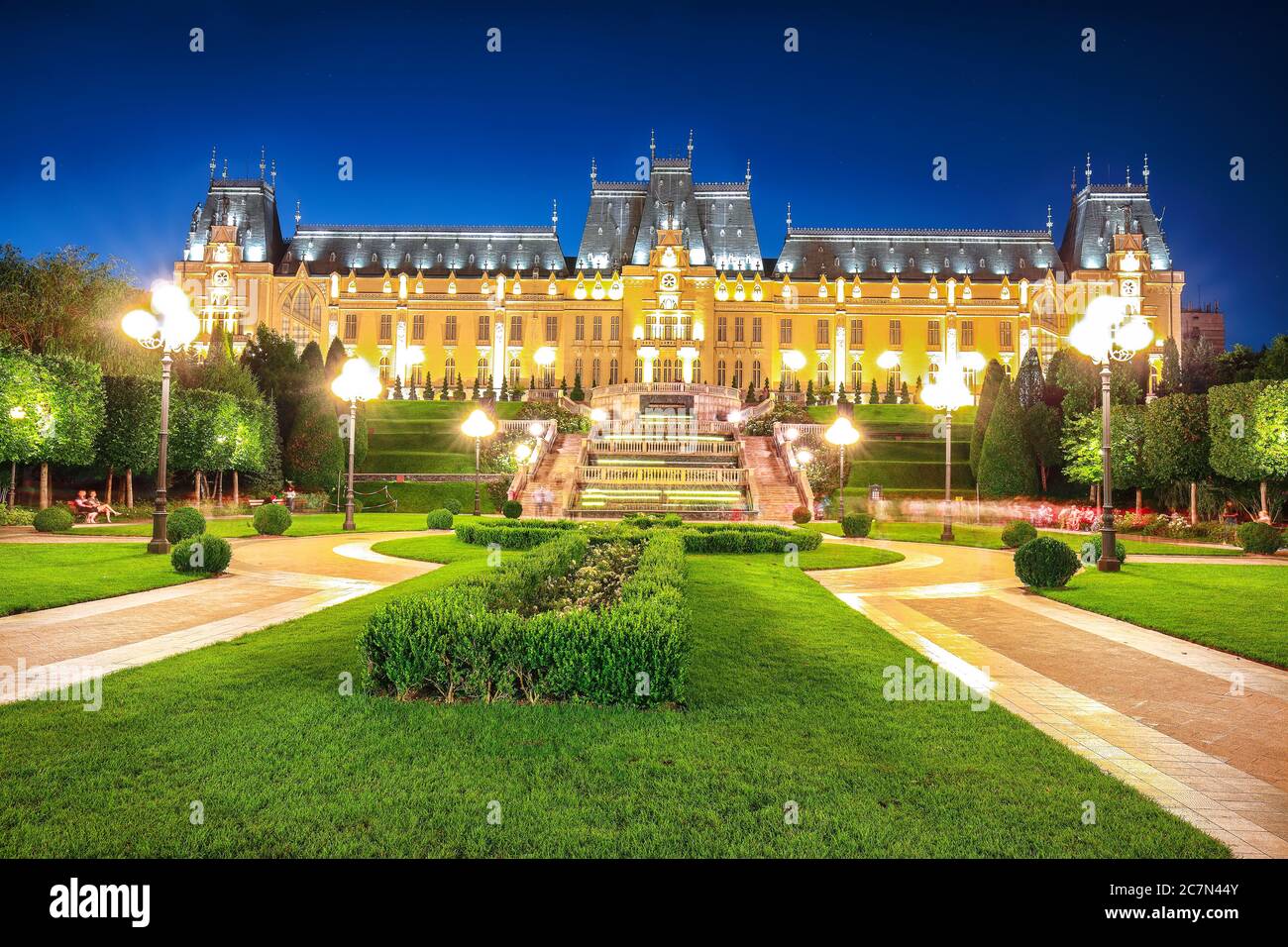 The Palace of Culture edifice in Iasi . Fantastic night scene summer ...