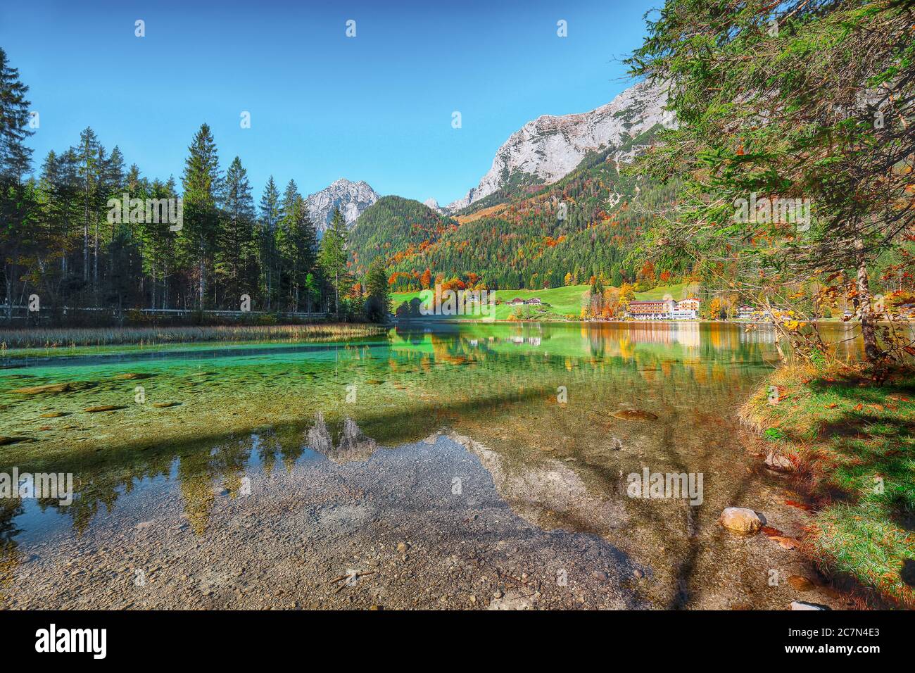 Fantastic autumn sunrise of Hintersee lake. Beautiful scene of trees ...