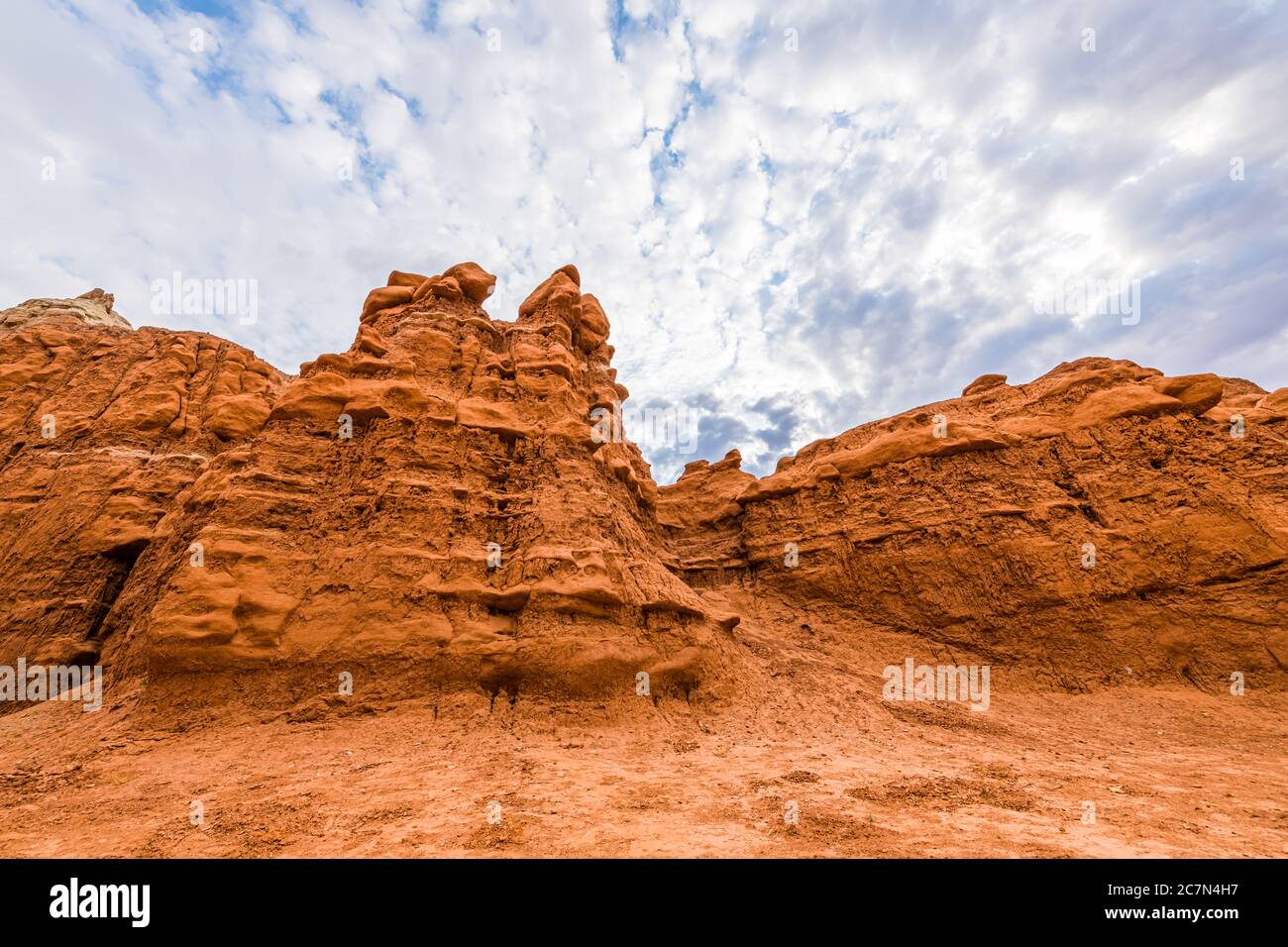 Orange red hoodoo sandstone rock formations view in campground in ...
