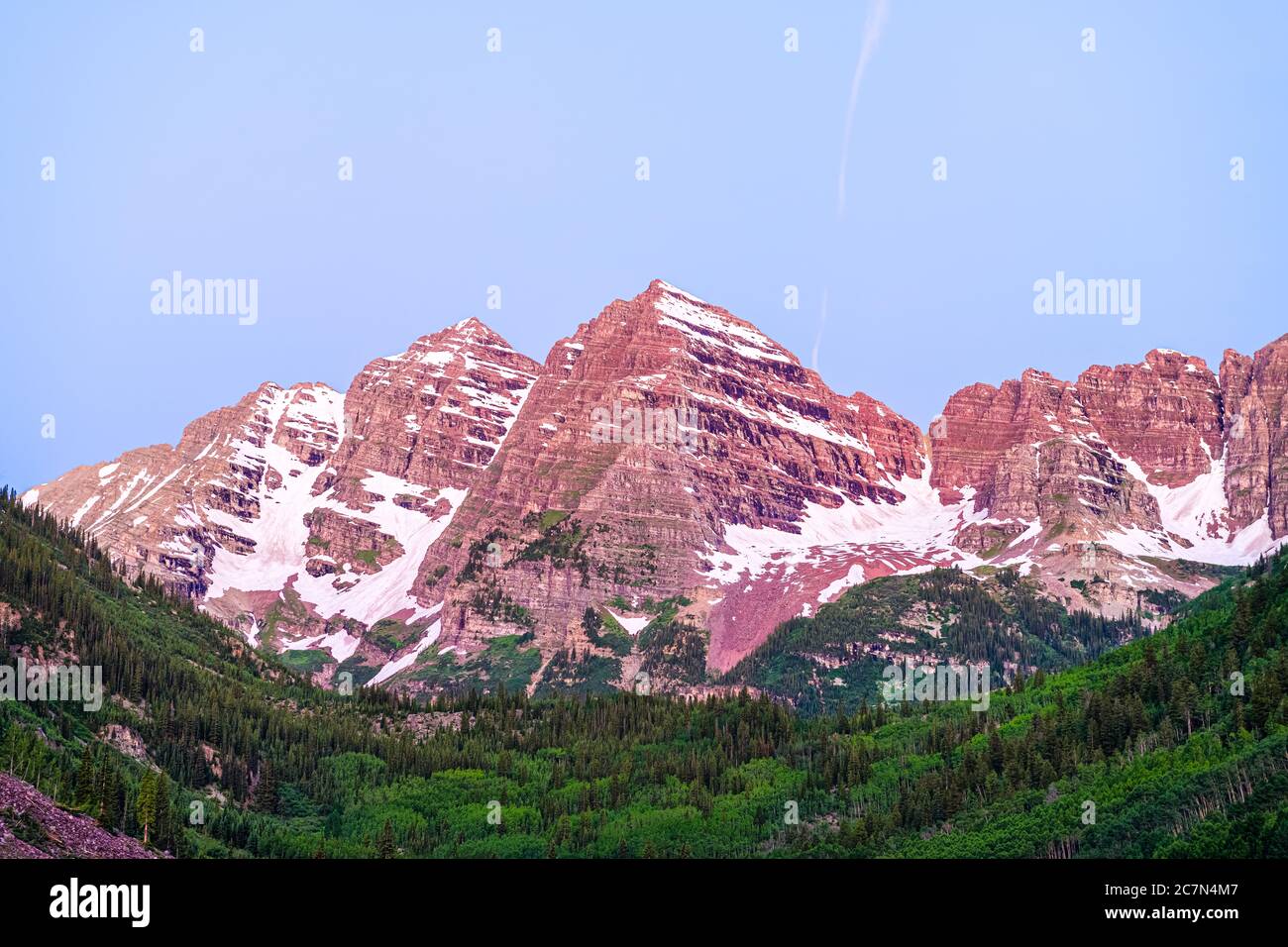 Maroon Bells peak closeup view in Aspen, Colorado at blue hour with ...