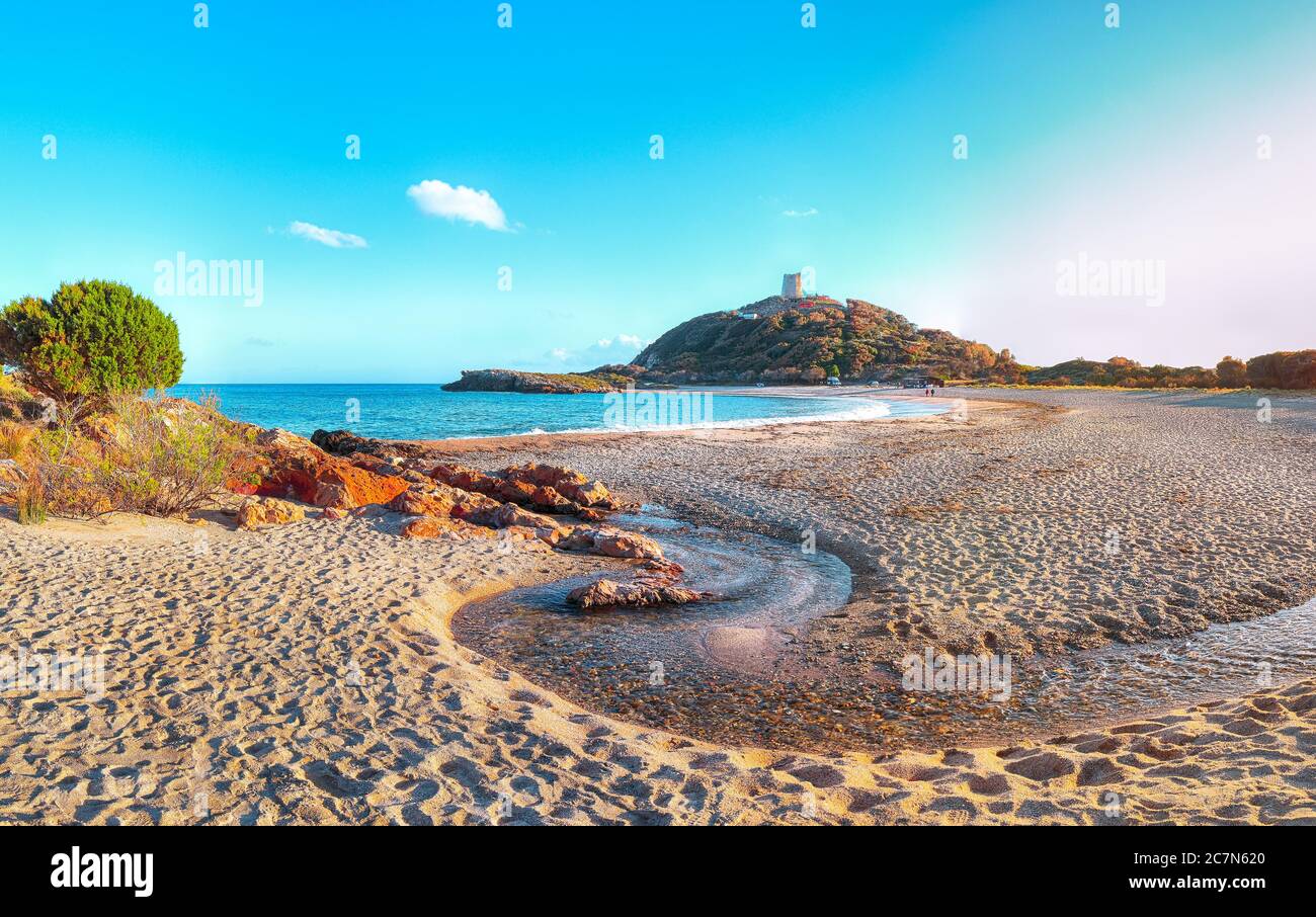 View of beautiful Chia bay and wonderful beach with Torre di Chia tower ...
