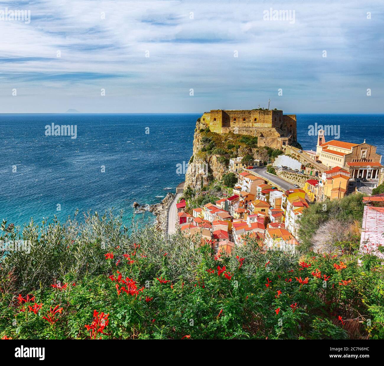 Beautiful seaside town village Scilla with old medieval castle on rock ...