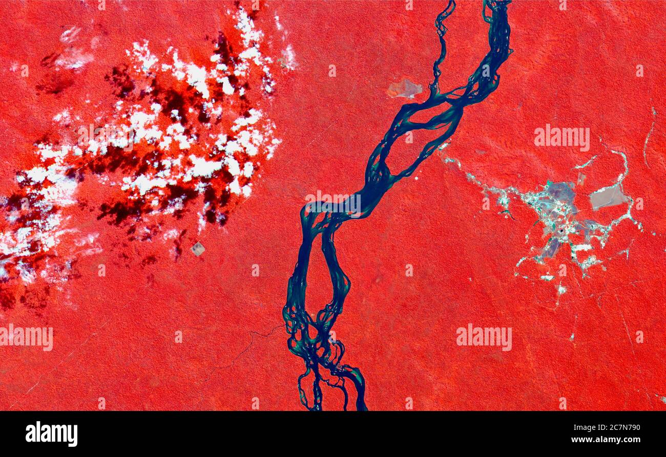 False-color composition satellite image showing the tropical forest in red, the river in blue ...