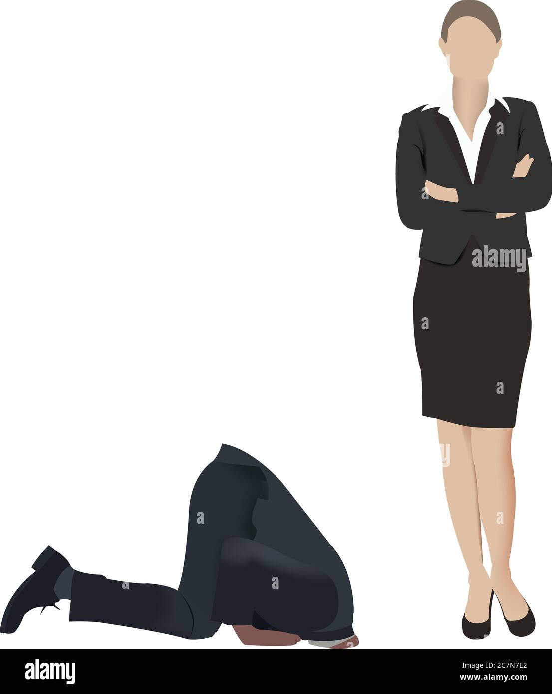 Illustration of a human figure hiding head in front of businesswoman ...
