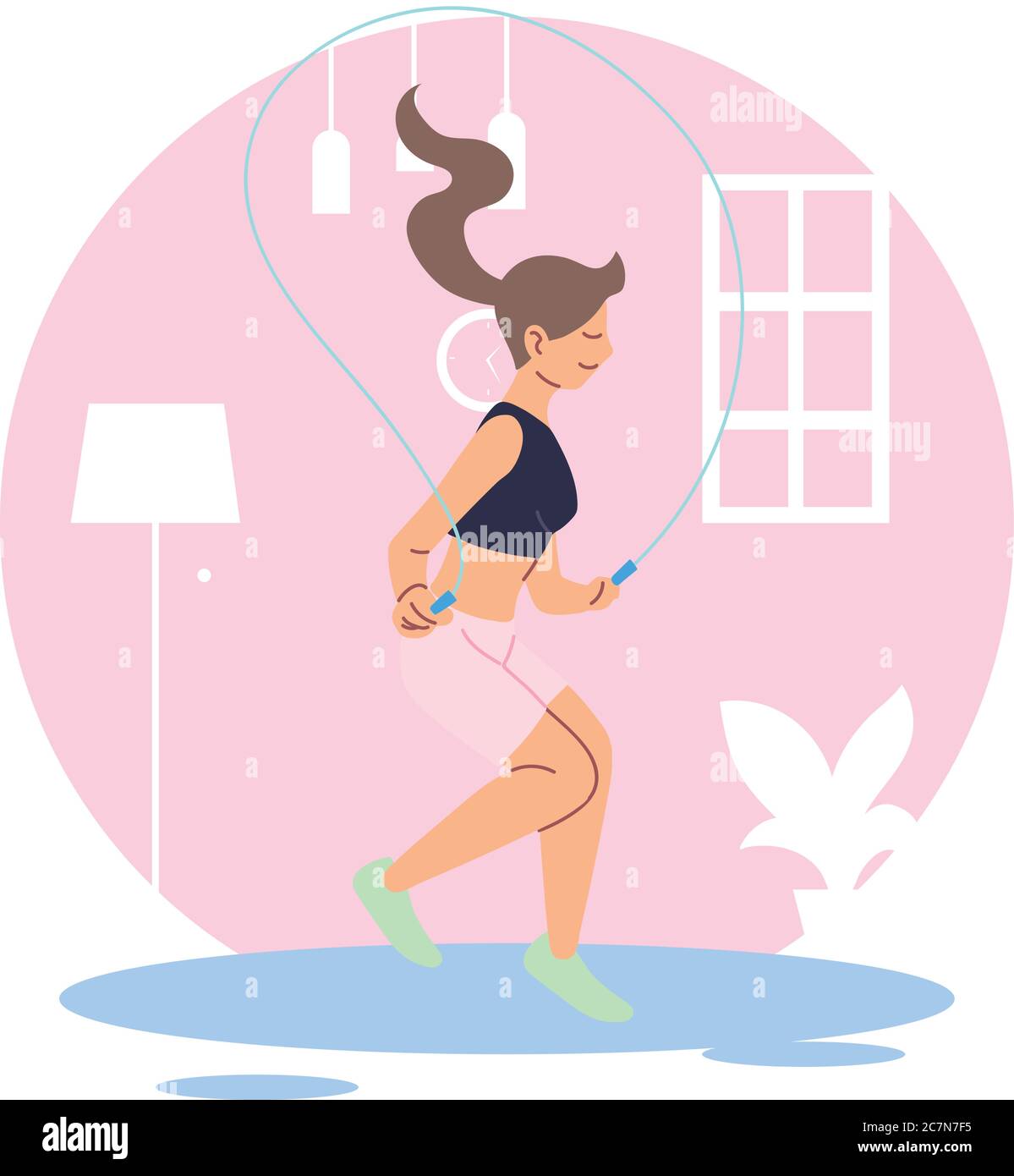 Woman avatar jumping at home design, Stay healthy sport and activity ...